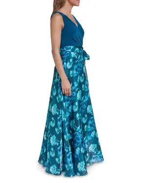 Eliza J Crossover Neck Tie Waist Mixed Media Gown