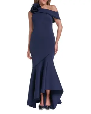 Eliza J One Shoulder Rosette Trim Ruffle Hem Gown