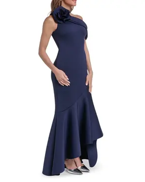 Eliza J One Shoulder Rosette Trim Ruffle Hem Gown
