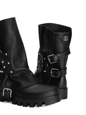 Dolce & Gabbana Leather Buckled Studded Lug Sole Boots
