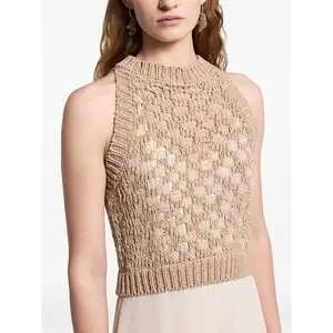 Peserico Golden Beige Sleeveless Crochet Detail Dress