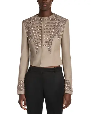 Alexander McQueen Wool Embellished Round Neck Jacket - Beige