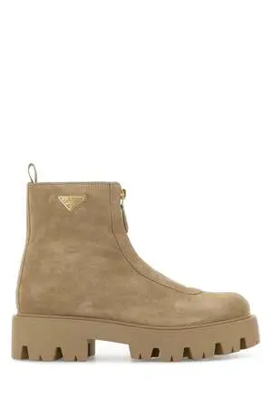Prada Sand Suede Ankle Boots - Brown