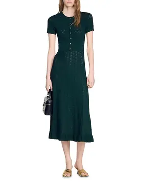 Sandro Orianne Pointelle Knit Midi Dress - Green