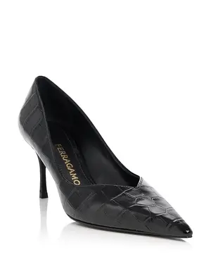 FERRAGAMO Desi Croc-embossed Pointed Pumps - Nero