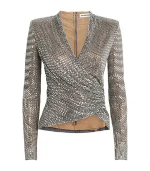 SELF-PORTRAIT Rhinestone-embellished Wrap Top - Grey