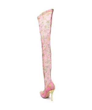 Off-White Crystal Floral Mesh Thigh-high Boots
