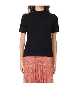 TWINSET Eyelet Short Sleeve Top - Black