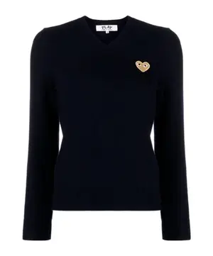 Play Comme Des Garcon Heart-patch V-neck Wool Jumper - Black