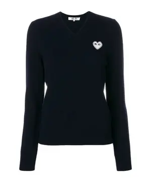 Play Comme Des Garcon V-neck Heart-logo Sweater - Black