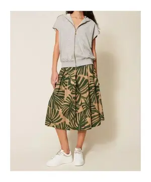 TWINSET Leaf-print Belted Midi Skirt
