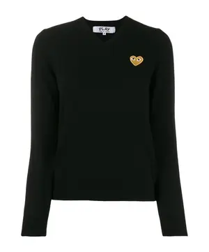 Play Comme Des Garcon Heart-patch V-neck Wool Sweater