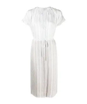 Vince Drapey Stripe Shirred Midi Dress - White