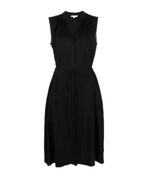 Vince Shirred Band Collar V-neck Dress