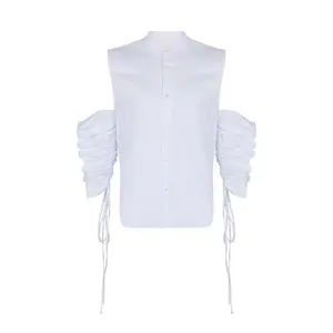 AYA DESIGN Cut Off Ruched Sleeve Cotton Shirt