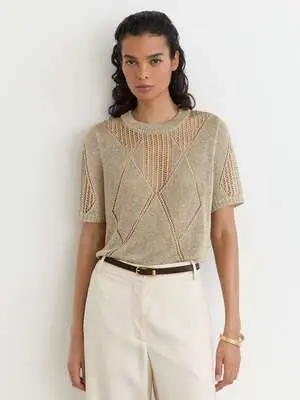 REISS Tamsin Metallic Argyle Open-knit Top - Gold