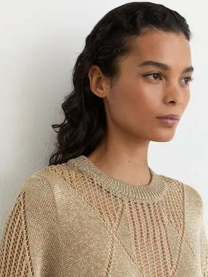 REISS Tamsin Metallic Argyle Open-knit Top - Gold