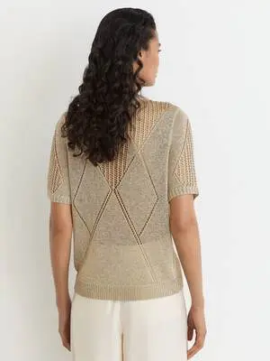 REISS Tamsin Metallic Argyle Open-knit Top - Gold