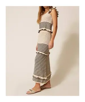 TWINSET Striped Ruffled Maxi Skirt - Nude