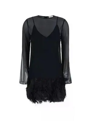 SEMICOUTURE Feather-trim Sheer-sleeve Mini Dress - Black