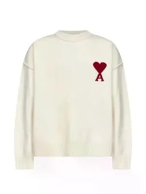 AMI Paris Felted Merino Wool Crewneck Sweater With De Coeur - Neutrals