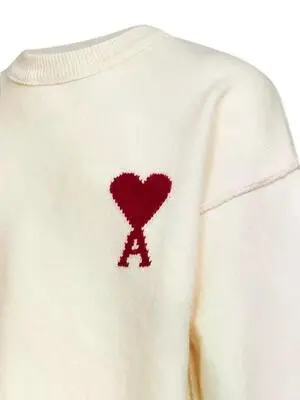 AMI Paris Felted Merino Wool Crewneck Sweater With De Coeur - Neutrals