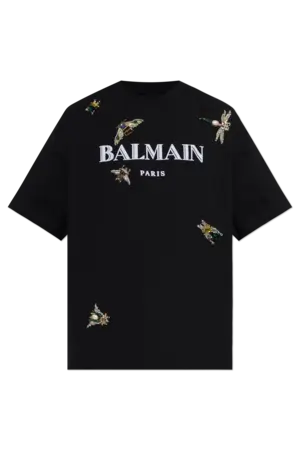 Balmain T-shirt With Logo And Shimmering Appliqués - Black