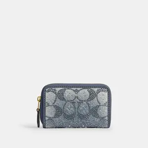 COACH Essential Small Zip Around Card Case In Regenerative Cotton Denim With Crystal Signature - Brass/denim