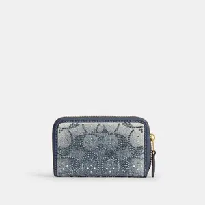 COACH Essential Small Zip Around Card Case In Regenerative Cotton Denim With Crystal Signature