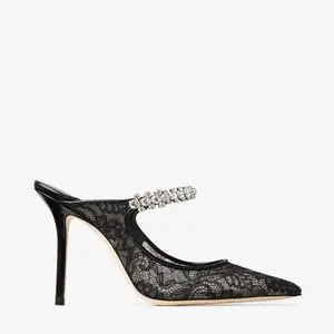 JIMMY CHOO Bing 100 Lace Mules With Crystal Strap - Black