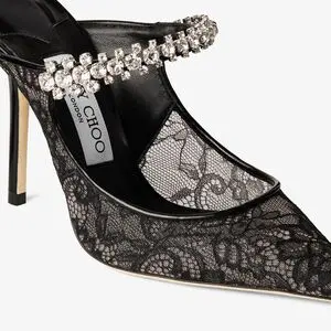 JIMMY CHOO Bing 100 Lace Mules With Crystal Strap - Black