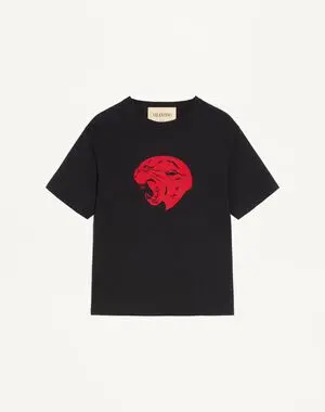 Valentino Garavani Cotton T-shirt With Panther Print - Black/red