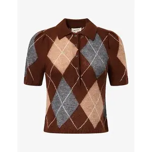 ME+EM Argyle-pattern Puff-sleeve Wool-blend Cardigan