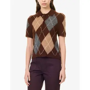 ME+EM Argyle-pattern Puff-sleeve Wool-blend Cardigan