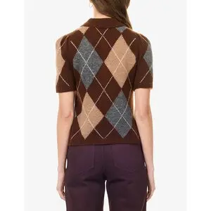 ME+EM Argyle-pattern Puff-sleeve Wool-blend Cardigan