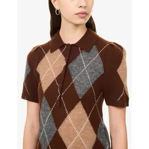 ME+EM Argyle-pattern Puff-sleeve Wool-blend Cardigan