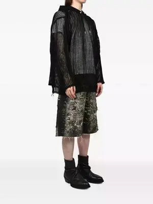 THUG CLUB Mesh-knit Distressed Hoodie - Black