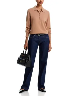 Aqua Cashmere Henley Polo Sweater - Camel