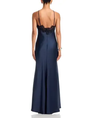 Aqua Long Satin Lace Trim Bias Gown Exclusive - Navy/black