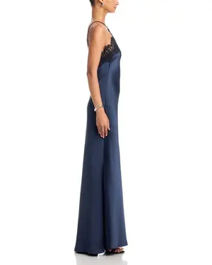 Aqua Long Satin Lace Trim Bias Gown Exclusive - Navy/black