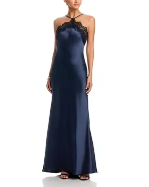 Aqua Long Satin Lace Trim Bias Gown - Navy/black