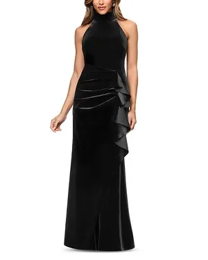 Aqua Stretch Velvet Mock Neck Gown - Black