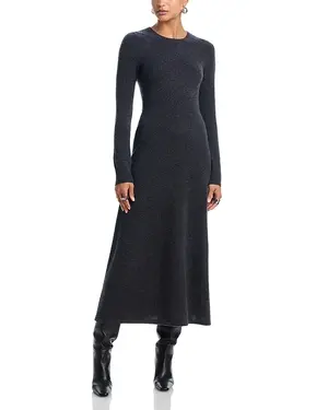 Aqua Cashmere Long Sleeve Midi Dress - Dark Grey