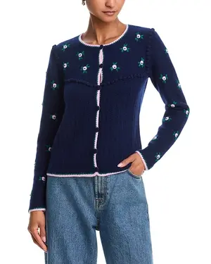 Aqua Cashmere 100% Cashmere Crewneck Cardigan Sweater Exclusive - Peacoat