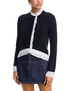 Aqua Cashmere 100% Cashmere Crewneck Cardigan Sweater Exclusive - Black