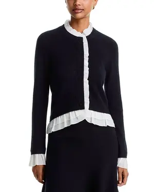 Aqua Cashmere 100% Cashmere Crewneck Cardigan Sweater Exclusive - Black