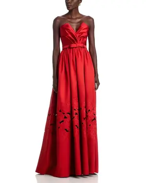 Theia Lena Embroidered Mikado Gown - Crimson Bloom