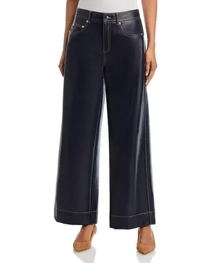 Cinq À Sept Betsy Faux Leather Mid Rise Wide Leg Jeans - Navy/amber