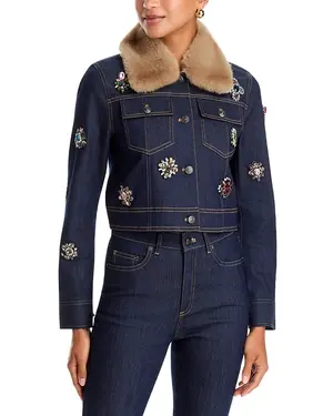 Cinq À Sept Lexie Baroque Patches Faux Fur Collar Denim Jacket - Indigo Multi