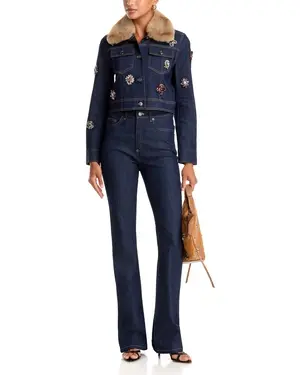 Cinq À Sept Lexie Baroque Patches Faux Fur Collar Denim Jacket